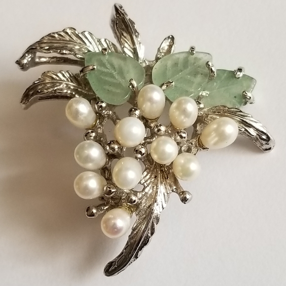 Vintage | Jewelry | Vintage Brooch Real Jade And Pearls Brooch Pin ...